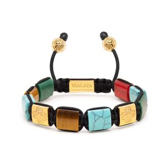Nialaya Femme, Accessoires, Jaune, Taille: M Womens Turquoise, Green Jade, Red Jade, and Brown Tiger Eye Flatbead Bracelet with Gold Plated Dorje