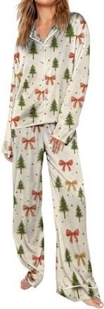 Generic Pyjama de Noël en satin pour femme, ensemble de pyjama de Noël à manches longues avec chemises boutonnées et pantalon à jambe droite, ensemble de pyja