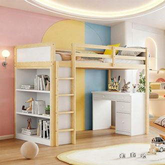 Generic Hochbett 90x200 cm in Holzfarbe | Mit Aufbewahrungsschr&auml;nken & Computertisch | Multifunktionales Kinderbett aus Massivholz | Platzsparendes Arbeitssch
