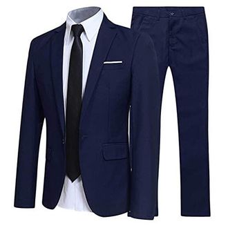 TiaoBug Homme Costume Formel 2 Pi&egrave;ces Blazer Veste et Pantalon Slim Fit Tenues Affaires Business Mariage C&eacute;r&eacute;monie S-6XL Bleu Marine XL