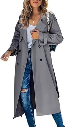 Generic Trench Long for femmes, pardessus d&eacute;contract&eacute; de couleur unie for lautomne et lhiver avec col &agrave; revers et manches longues(Dark gray,5XL)