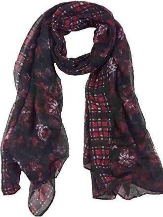 Lina & Lily Foulard long pour femme imprim&eacute; floral &agrave; carreaux, noir/rouge, taille unique