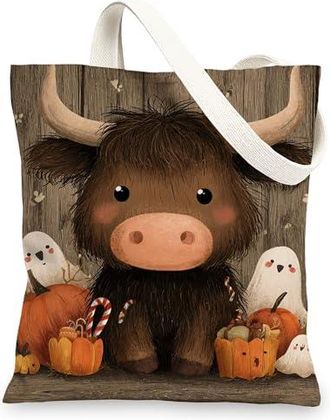 Generic Sac fourre-tout en toile de vache mignonne, adorable motif animal de la ferme, sacs de courses réutilisables, fantaisie, rustique, léger, lavable, mar