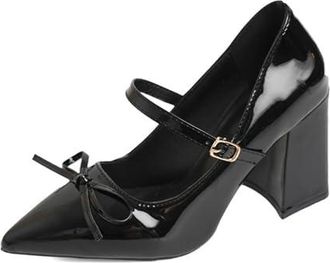Generic Chaussures Mary Jane à bout pointu pour femme avec noeud décoratif, boucle et sangle à talons hauts pour fête, robe de mariage, Noir, 38.5 EU