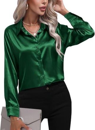 Minetom Chemisier Femme Elégant Col en V Manches Longues Blouse avec Boutons Satin Chemise Travail Bureau Tunique Shirt Haut Top A Vert M