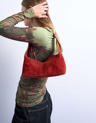 Topshop Safia - Sac port&eacute; &eacute;paule en daim v&eacute;ritable - Rouille-rose