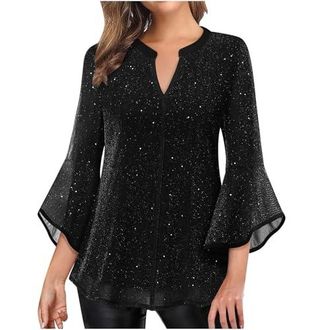 Generic Nidddiv Chemisier &eacute;l&eacute;gant pour femme - Manches 3/4 &agrave; volants - Tunique &agrave; paillettes - Col en V - Maille - Haut festif - Haut flowy ample - T-shirt lon