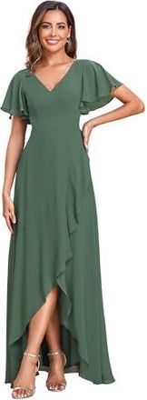 Ever-pretty Robe Mariage Invit&eacute;e Femme Longue Asym&eacute;trique Manches Courtes Col V Fendue Fluide Chic Vert Eucalyptus 40
