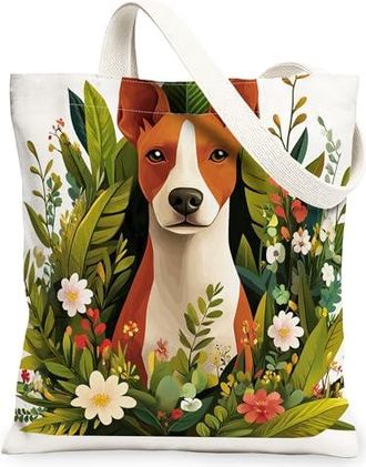 Generic Sac fourre-tout en toile motif chien Basenji printanier 33 x 38,1 cm, sac d&eacute;picerie r&eacute;utilisable avec motif imprim&eacute; de plantes, fleurs et chiots pour 