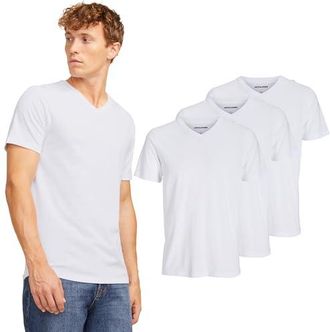 Jack & Jones Lot de 3 t-shirts pour homme, couleur unie pour homme, avec col en V et coupe droite, en mélange de coton, confortable et facile dentretien, Blanc., X