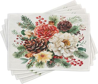 Abakuhaus Platzmatten, Vintage Weihnachtsornament Druck, Waschbare Stoff Esszimmer K&uuml;che Tischdekorations Digitaldruck, Korallenrot Braun Kokosnuss