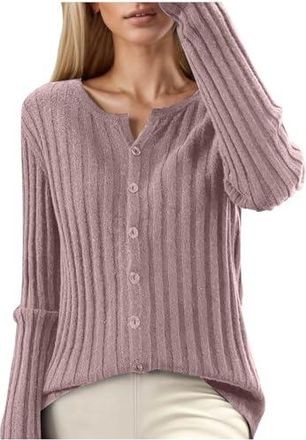 Generico Cardigan oversize court en tricot à manches longues ouvert sur le devant, uni, avec poches, veste en tricot pour femme élégante et col rond, Rosé, XXL