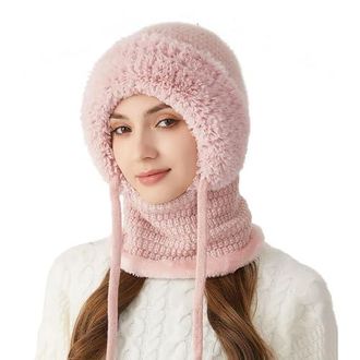Generic garhomtur Bonnet dhiver 3 en 1 pour femme, cagoule pour temps froid, bonnet confortable, cache-cou chaud, bonnet doublé en polaire douce, rose, Taille