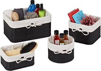 Relaxdays Aufbewahrungskorb Set, 4er Set aus Bambus, Aufbewahrungsbox f&uuml;r Regal & Schrank, Bad, 4 Gr&ouml;&szlig;en, schwarz/ creme