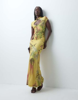 Asos robe longue en mousseline extensible imprim&eacute;e avec col mao, imprim&eacute; botanique-Multi