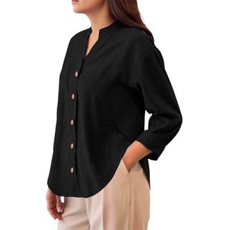 Generic Hauts en coton pour femme grande taille, chemises &agrave; manches 3/4, chemisiers baggy d&eacute;contract&eacute;s boutonn&eacute;s, chemisiers tendance et l&eacute;gers en lin confort