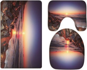 A.Monamour Badezimmer Badematte 3 Teilig Set Aufgehende Sonne Zeit Ozean Meer Gezeiten Stein Felsen Küstenlandschaft Flanell Saugfähig Badteppiche Badvorleger Ba