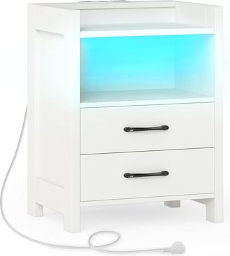 Giantex Nachttisch mit Beleuchtung und Ladefunktion, Nachtschrank mit 2 Schubladen & offenem Fach, Beistelltisch Sofatisch Kaffeetisch Holz, Nachtk&auml;stchen Box