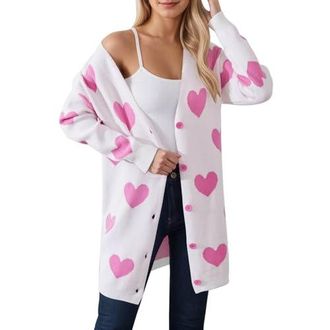 Generic Cardigan &agrave; manches longues ouvert sur le devant pour femme - Tricot en forme de coeur - Col en V boutonn&eacute; - Pull surdimensionn&eacute; l&eacute;ger et d&eacute;contract&eacute; p