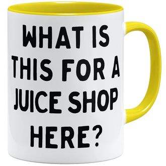OM3 Spruch Bad English Denglisch Tasse Saftladen Juice Shop II- Keramik Becher - 11oz 325ml - Beidseitig Bedruckt - Gelb