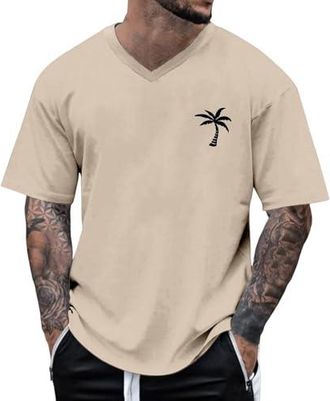 Generic Chemise à manches courtes pour homme - Imprimé noix de coco - Col en V - Léger et confortable - Pour le sport, lathlétisme, la course à pied, kaki, XX