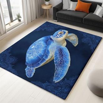 Generic Tapis de Style Minimaliste Bleu Fonc&eacute; - Lavable Tapis Animaux Marins Tortues Marines Imprim&eacute; &agrave; Poils Courts, Doux Antid&eacute;rapant Moquette pour Chambre S