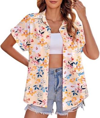 Generic Chemise hawa&iuml;enne de croisi&egrave;re pour femme &agrave; manches courtes d&eacute;t&eacute; d&eacute;contract&eacute;e hawa&iuml;enne palmier boutonn&eacute;e chemise de bowling chemise tropicale plage t