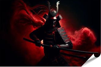 Islandburner XXL Bild Poster Dunkler Samurai bereit zum Kampf im blutroten Nebel Premium Bilder Fotodruck