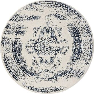 benuta Basic Teppich Sia - Creme/Blau 120 cm Rund - Kunstfaser - Rund & im Style: Vintage, Boho-Style, Retro - Pflegeleicht für Wohnzimmer Schlafzimmer