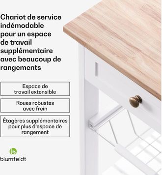 Blumfeldt Blumfeldt chariot de cuisine extensible 50 x 37 - 54 x 86,5 cm, meuble de rangement avec 1 tiroir, dessus extensible, roulettes avec freins, parfait
