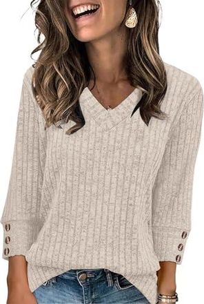 Generic Pull &agrave; Col en V et Manches 3/4 Chic pour Femme - Haut Tricot&eacute; Doux et D&eacute;contract&eacute; Chaud Pas Cher Couleur Unie Automne Hiver Taille 36 38 40 42 44,Beig