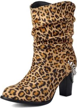 Generic Bottes Femme mi Mollet plissées Bout Rond fermé Talon Bloc épais Slip on décoration chaîne latérale Chaussures soirée rétro Robe décontractée Conforta