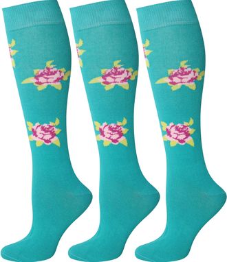 MySocks 3 Paare Kniestr&uuml;mpfe Blume Socken Gr&uuml;n Rose