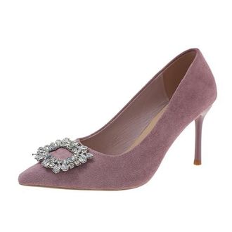 Generic Escarpins &agrave; talons hauts en velours et strass pour femme avec boucle et bout pointu, rose, 38.5 EU