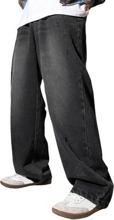 Generic Jean Homme Jeans Homme Week-End/Voyage Pantalon en Jean Lavage Ancien Broderie Semi &Eacute;lastique - Texture Loose, Coupe Droite, Style Vintage D&eacute;contract&eacute;