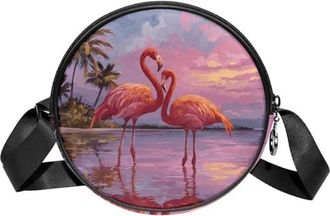 Generic Sac &agrave; bandouli&egrave;re circulaire pour femme, motif flamants roses, palmiers, ciel, petit sac &agrave; bandouli&egrave;re avec fermeture &eacute;clair, bretelles r&eacute;glables, sac