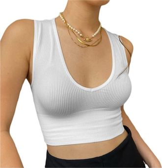 Minetom Damen Tank Top Sexy Tiefer V Ausschnitt Crop Tops Sommer &Auml;rmellose Basic Shirt Camisole Bauchfrei Oberteile A Wei&szlig; XS