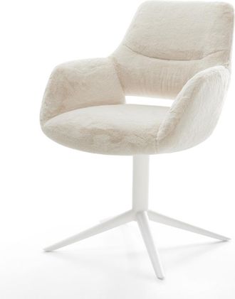 DELIFE Drehstuhl Yago-Flex mit Armlehnen Pl&uuml;sch Creme-Wei&szlig; Fu&szlig;kreuz Wei&szlig; 360&deg; drehbar Wippfunktion Taschenfederkern, Esszimmerst&uuml;hle