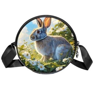 Generic Petit sac &agrave; bandouli&egrave;re circulaire pour femme, motif floral, lapin, sac &agrave; dos &agrave; bandouli&egrave;re avec fermeture &eacute;clair, bretelles r&eacute;glables, sac &agrave; main ron