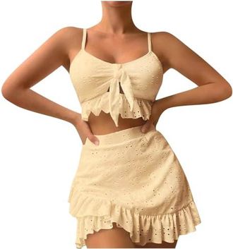 Generic Maillot de bain 3 pi&egrave;ces &agrave; volants pour femme avec jupe tankini, jaune clair, L