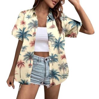 Generic Chemise hawa&iuml;enne amusante &agrave; manches courtes boutonn&eacute;e pour femme - Chemise tropicale d&eacute;t&eacute; - Motif palmier hawa&iuml;en - D&eacute;contract&eacute; - Floral des Cara&iuml;bes