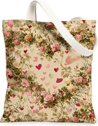 Generic Sacs fourre-tout en toile motif floral avec motif rose, sacs d&eacute;picerie r&eacute;utilisables, style vintage printanier, l&eacute;ger et lavable, beige, 13x15 Inch