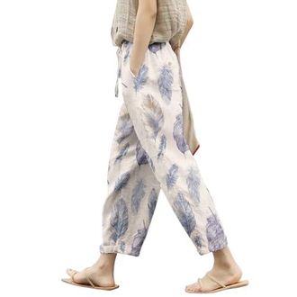 Generic Pantalon en Lin pour Femme L&eacute;ger Fluide &Eacute;t&eacute; Chic Pantalon D&eacute;contract&eacute; Taille Haute pour Femme avec Ceinture &Eacute;lastique et Poches Imprim&eacute; Lin Automne Ta
