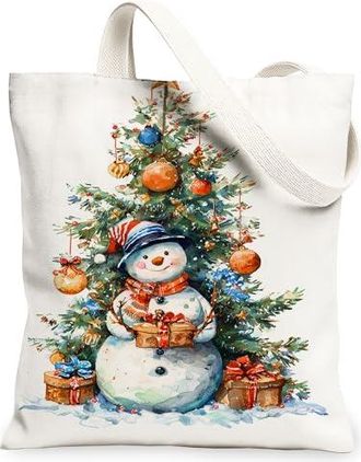 Generic Sacs fourre-tout en toile motif bonhomme de neige, sacs de courses r&eacute;utilisables, amusants l&eacute;gers et lavables avec bandouli&egrave;re en toile F, Blanc, 13x1