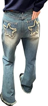 ORANDESIGNE Jeans Cargo Vintage Femmes Hip Hop Y2K Jeans Baggy Pantalon Droit en Denim Délavé Décontracté Imprimés Pantalon de Skateboard Harajuku Streetwear G Bl