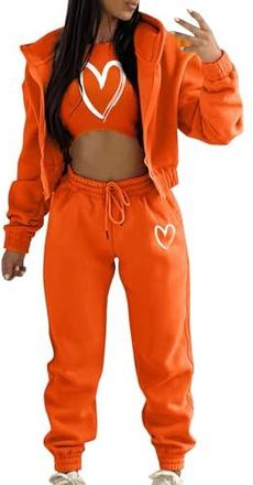 Generic Surv&ecirc;tement d&eacute;contract&eacute; pour femme - Automne et hiver - Ensemble de 3 pi&egrave;ces avec haut gilet et pantalon - Imprim&eacute; coeur - Fermeture &eacute;clair - Pantalon