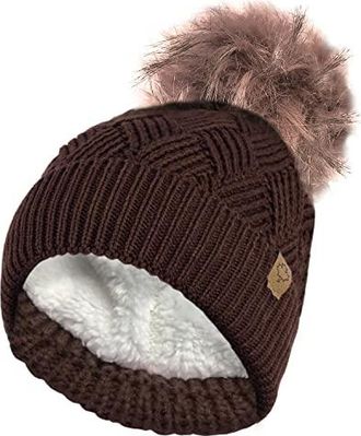 RockJock Chapeau de Tricot de c&acirc;ble de Diamant Chaud &eacute;pais de Dames avec la Doublure Thermique dours en Peluche et Le Pompon d&eacute;montable de Fausse Fourrure-Tail