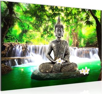 Runa Art Bild Buddha Wasserfall Modern Wandbilder Wohnzimmer Schlafzimmer 1 Teilig - Made In Germany - Feng Shui Grün Flur 503515a