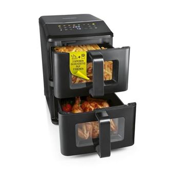 Gourmetmaxx FryUp vertikale Doppelkammer Hei&szlig;luftfritteuse mit Sichtfenster - 10 L | Airfryer mit 9,8 Zoll Multi-Colour LED-Touchdisplay & 11 Programmen | Hei&szlig;luf