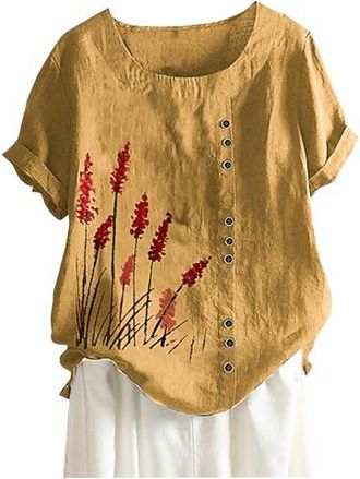 Generic T-shirt pour femme avec broderie r&eacute;tro en coton et lin - Chemise d&eacute;contract&eacute;e &agrave; manches courtes, jaune, XXL